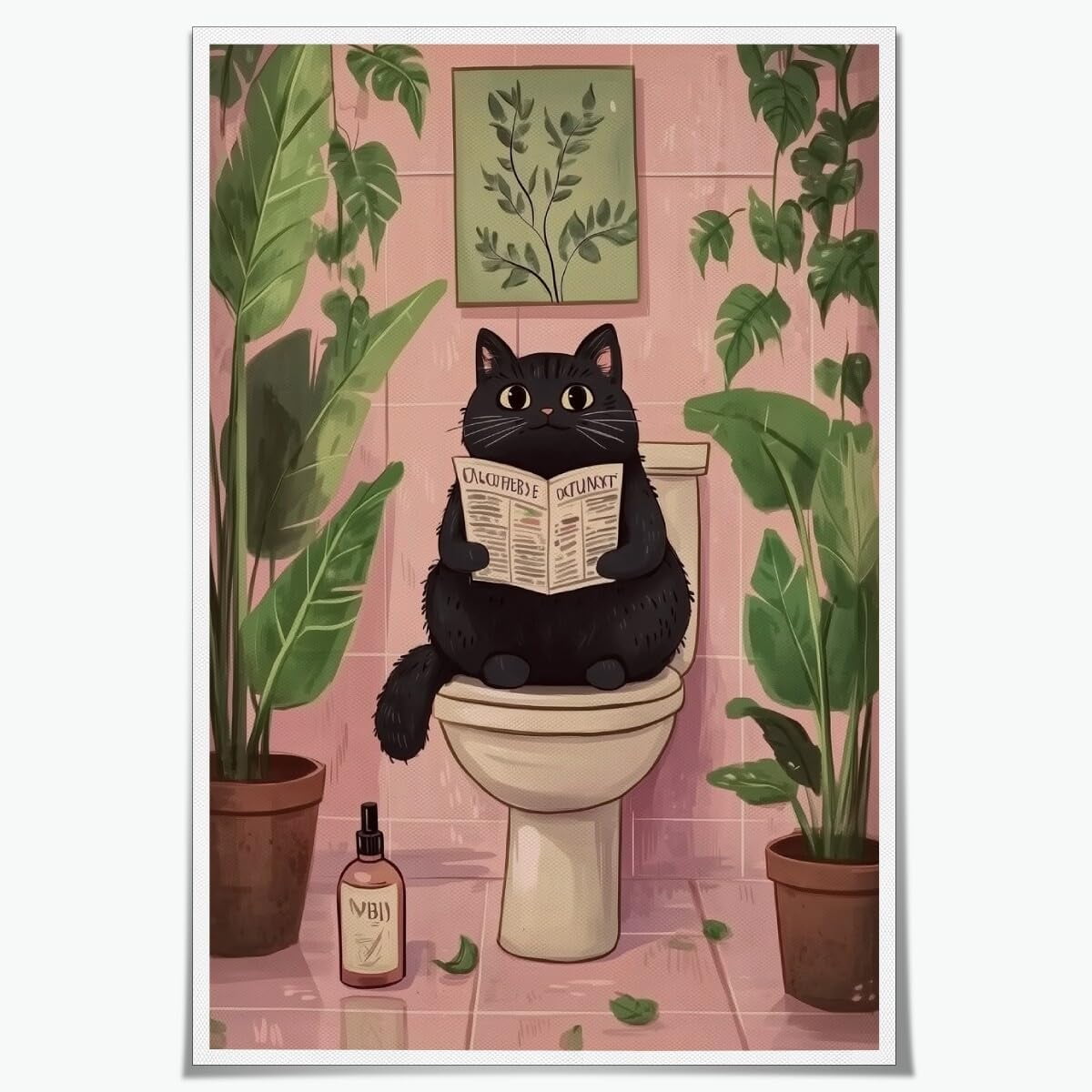 ALOUYA Funny Black Cat Bathroom Wall Art,Pink Bathroom Cat Reading on ...