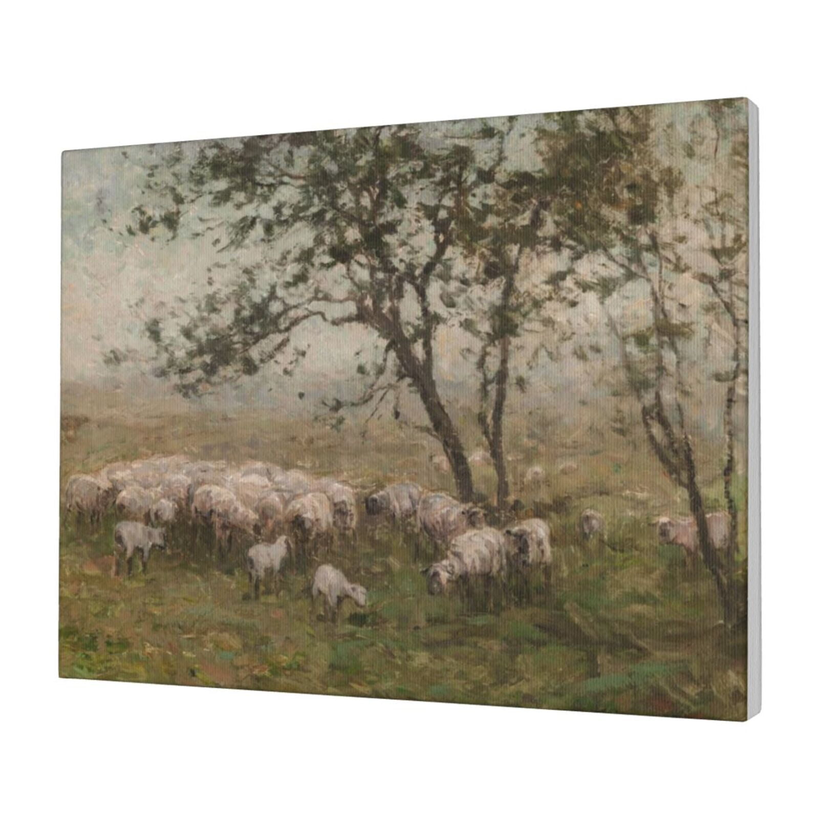 ALOUYA Vintage Canvas Wall Art Flock of Sheep Grazes Under Three Trees ...