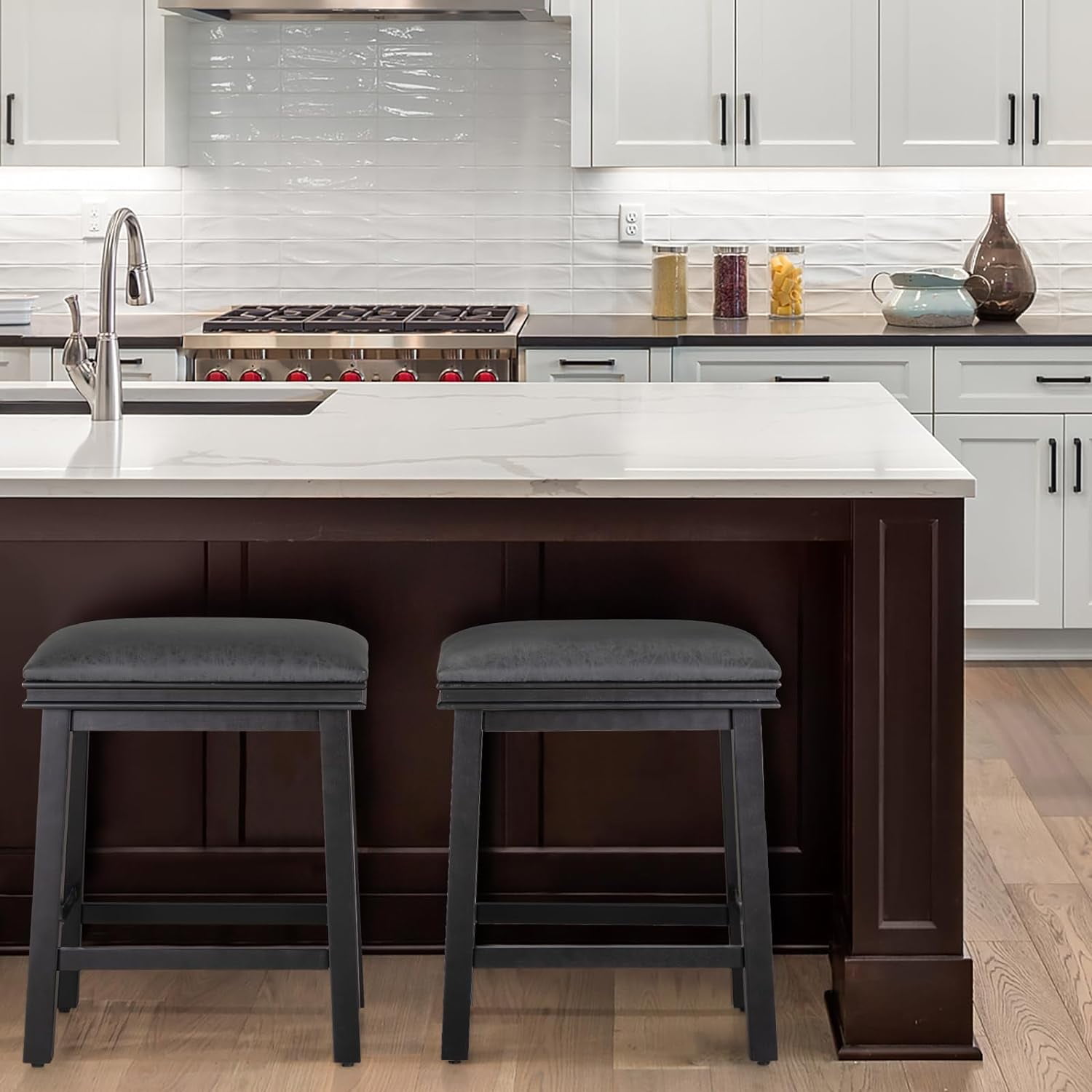 ALPHA 24" Bar Stools Solid Wood Kitchen Stools with Grey PU Leather ...