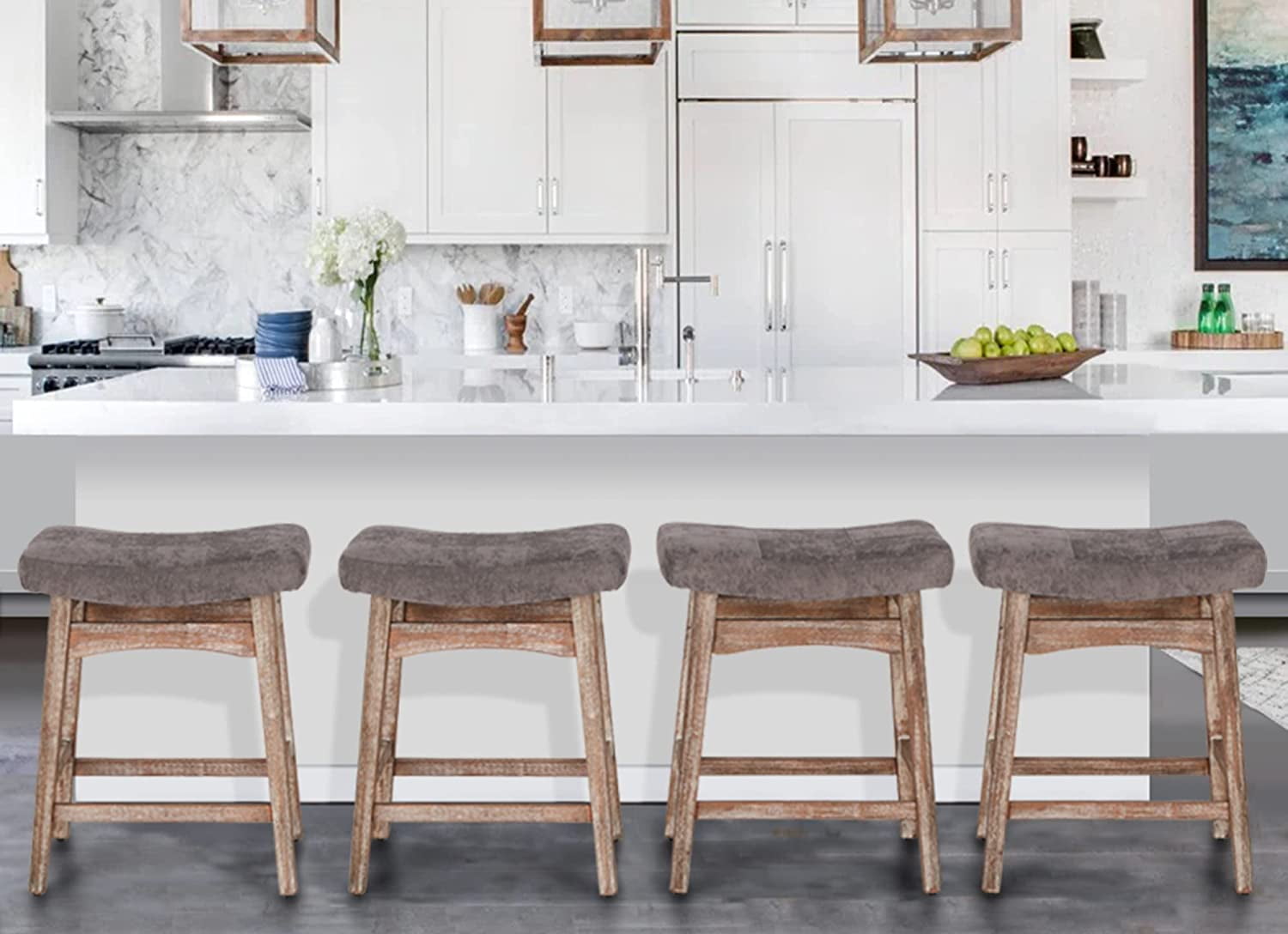 ALPHA HOME Bar Stools Set of 4, Solid Wood Saddle Kitchen Stools with ...