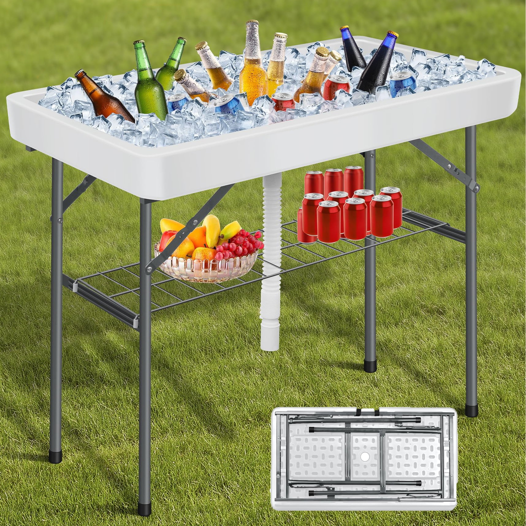 ALPULON Portable Ice Cooler Folding Table, Chill Table with Skirt ...