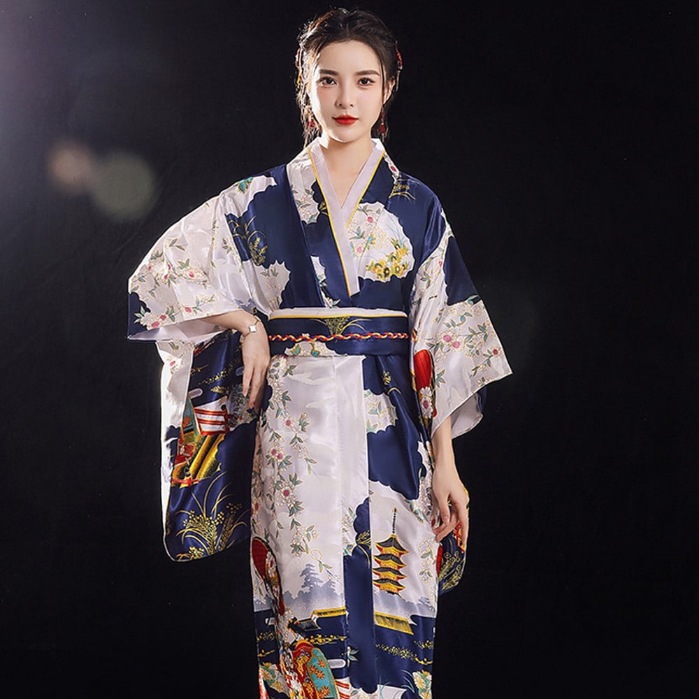 ALSLIAO Women Kimono Floral Yukata Bride Nightgown Pajama Dress Japanese Cosplay Costume Navy ...