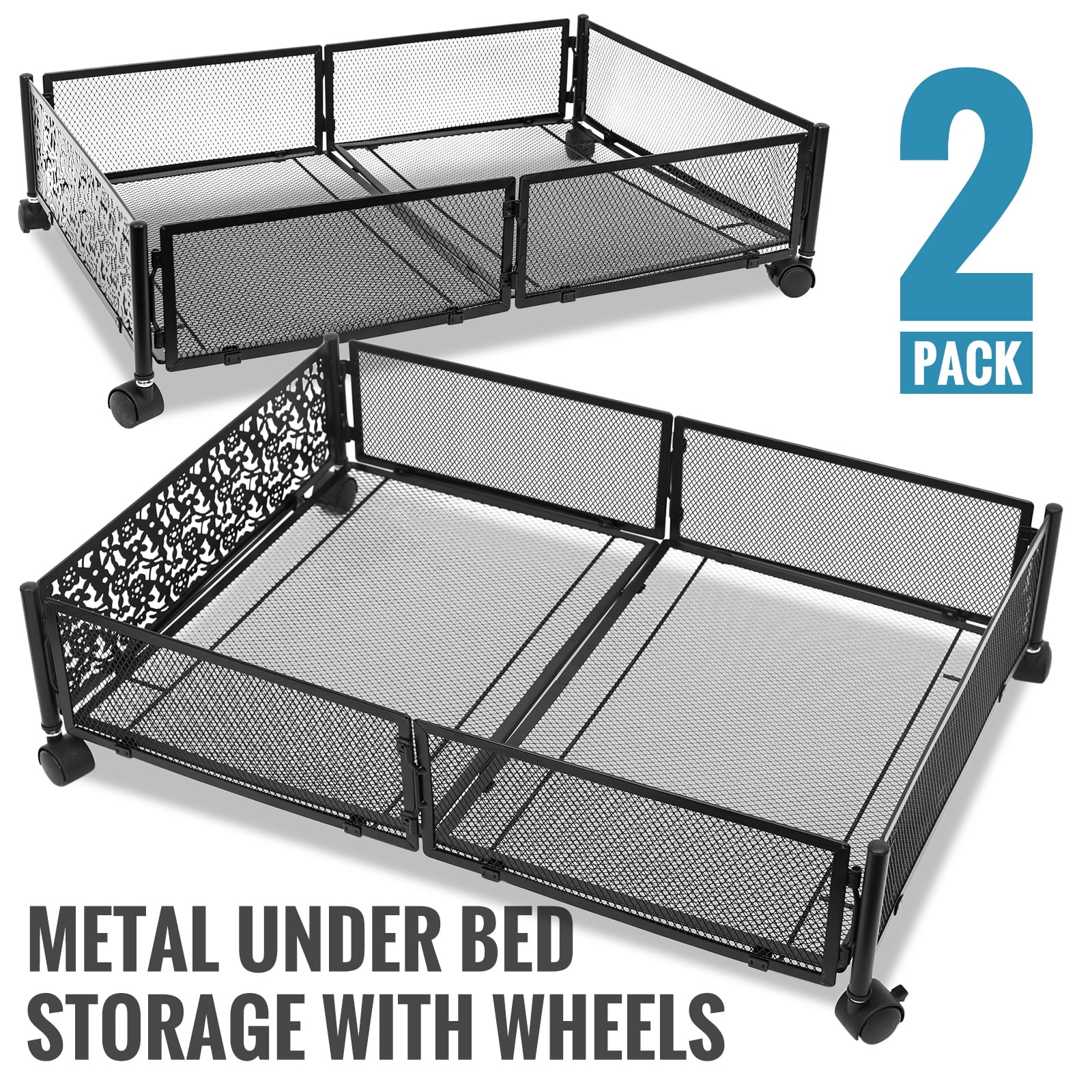 ALSO GO 2 Pack Metal Under Bed Storage with Wheels, Foldable Underbed ...
