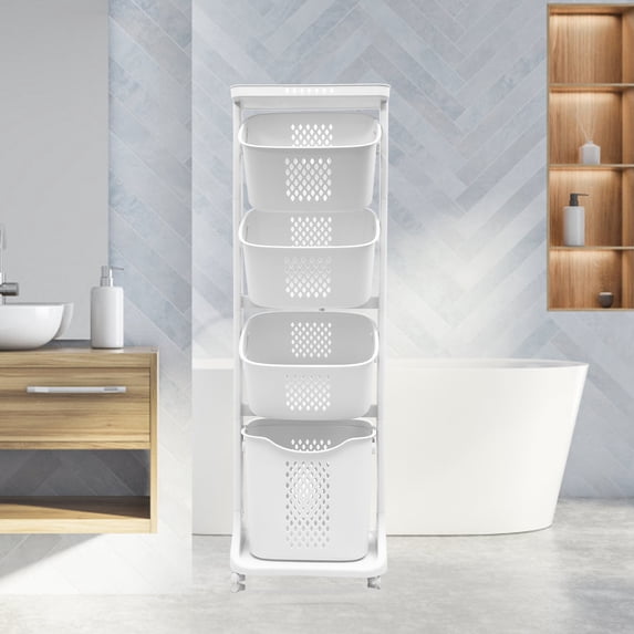 "4-Tier Laundry Basket with Wheels, Clothes Storage for Bathroom ...