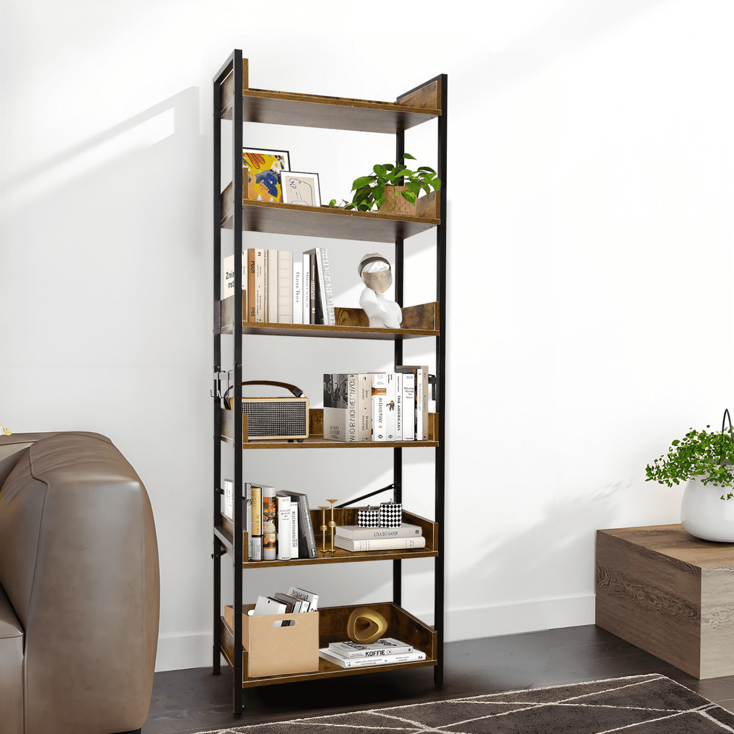 ALSO GO 6 Tier Bookshelf, Industrial Bookshelf with 4 Hooks, Tall ...