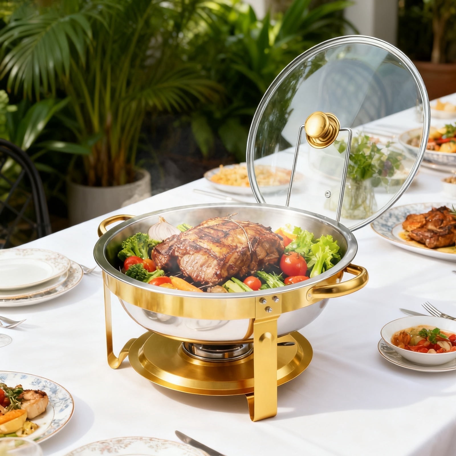 Chafing Dishes for Buffet, 1 Pack 5QT Round Semi-Gold-Plated Stainless ...