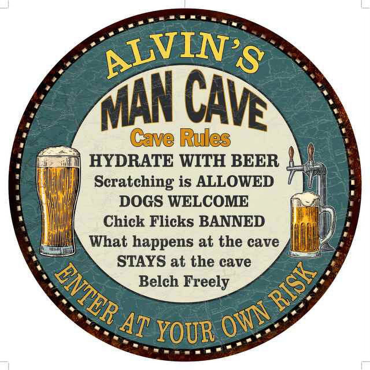 ALVIN'S Man Cave Rules 12" Round Metal Sign Garage Wall Decor ...