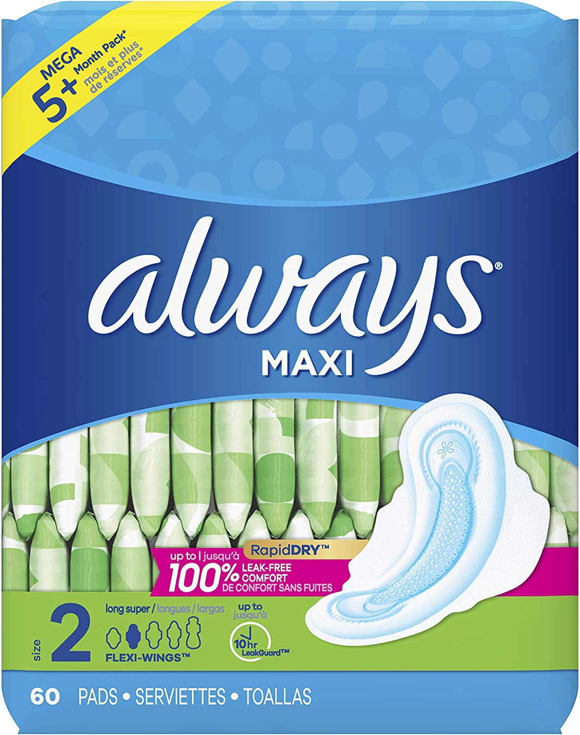 ALWAYS Maxi Size 2 Super Pads With Wings Unscented, 60 Count - Walmart.com