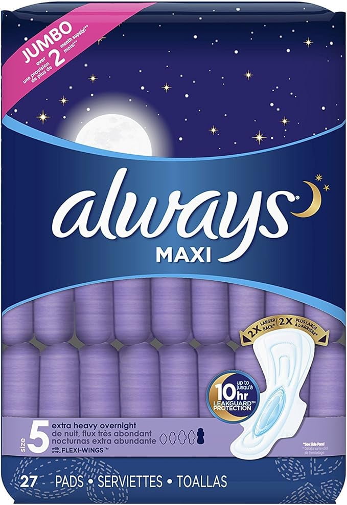 ALWAYS Maxi Size 5 Extra Heavy Overnight Pads With Wings Unscented, 27 Count - Walmart.com