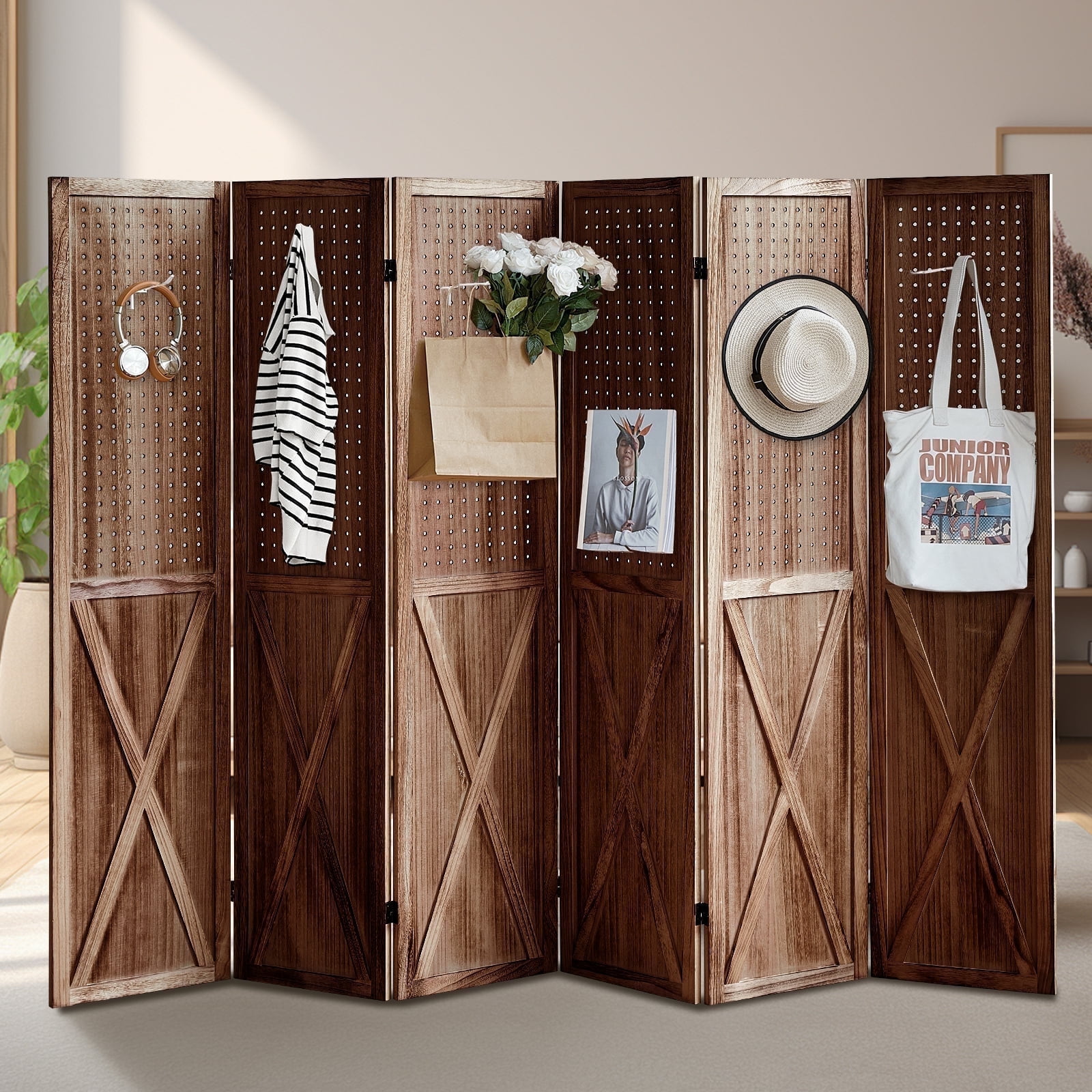 Aletheiawu 6 Panel Wood Room Divider Folding Privacy Screens, No ...