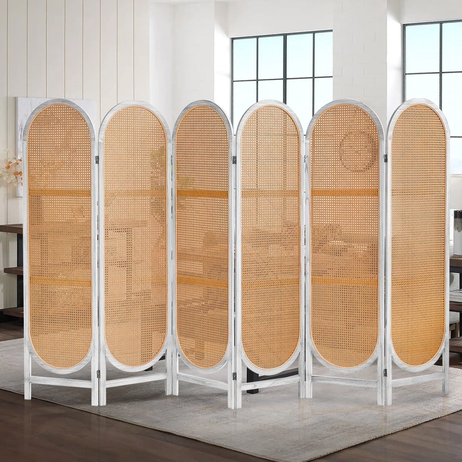 ALeesing 6 Panels Wood Rattan Room Divider, Folding Privacy Screens, No ...