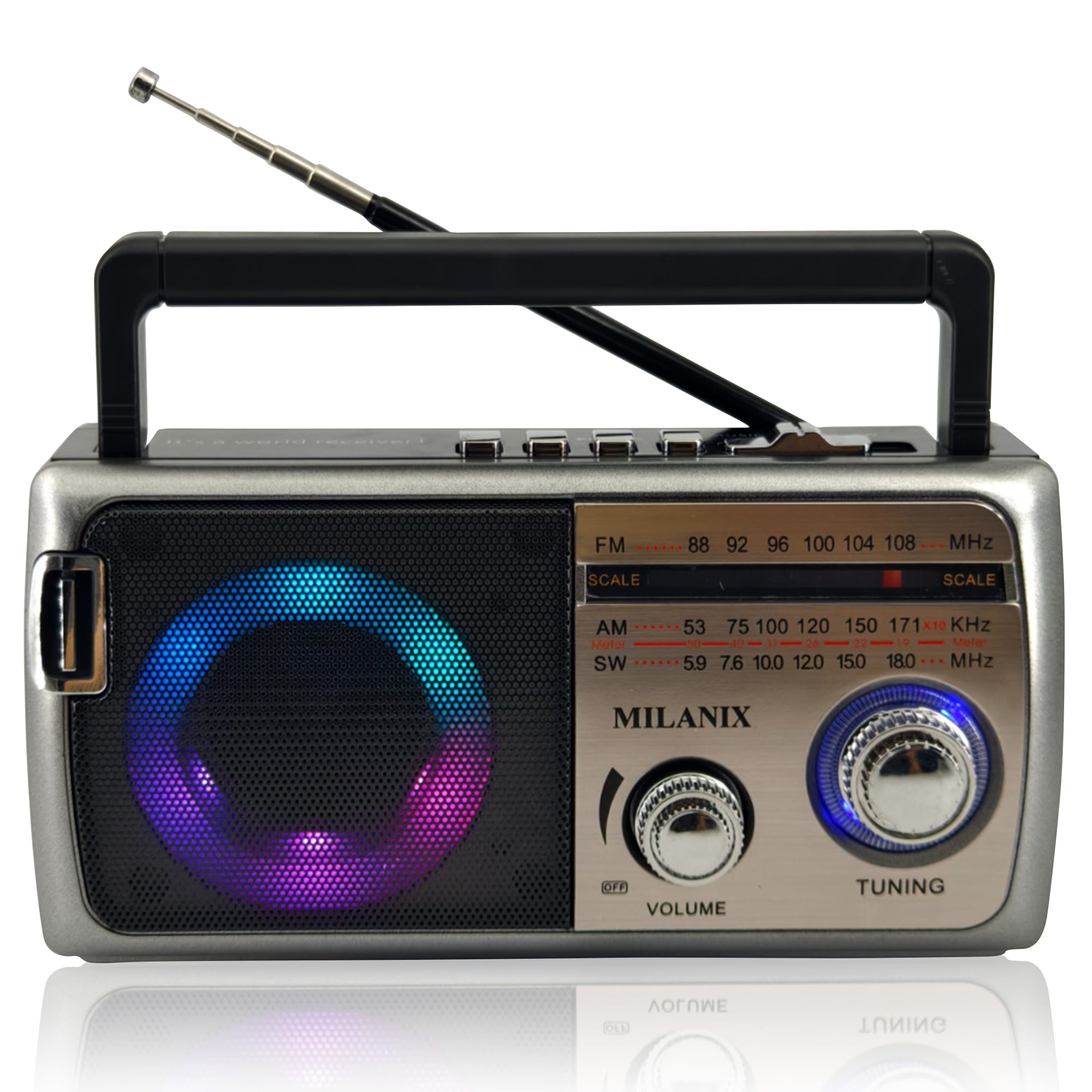 Milanix Bluetooth Battery USB Portable AM FM Radios Platinum