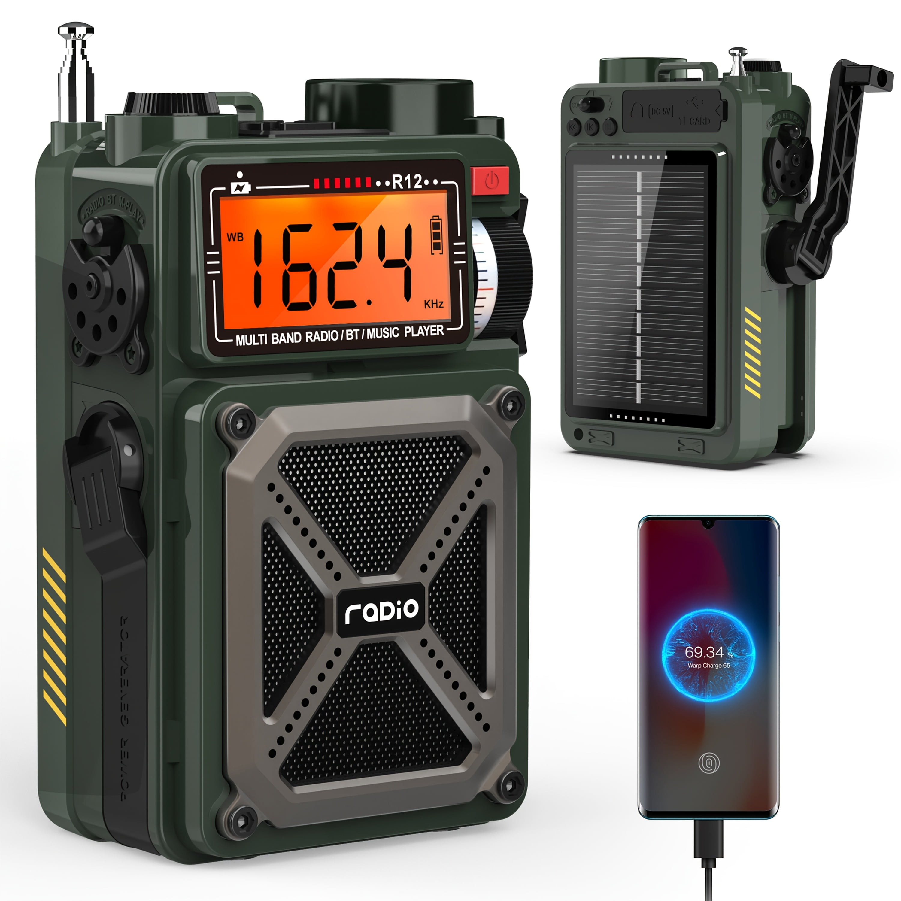 AM FM WB Radio, White Noise, 5W Speaker with Vibration Hand Crank/SOS ...