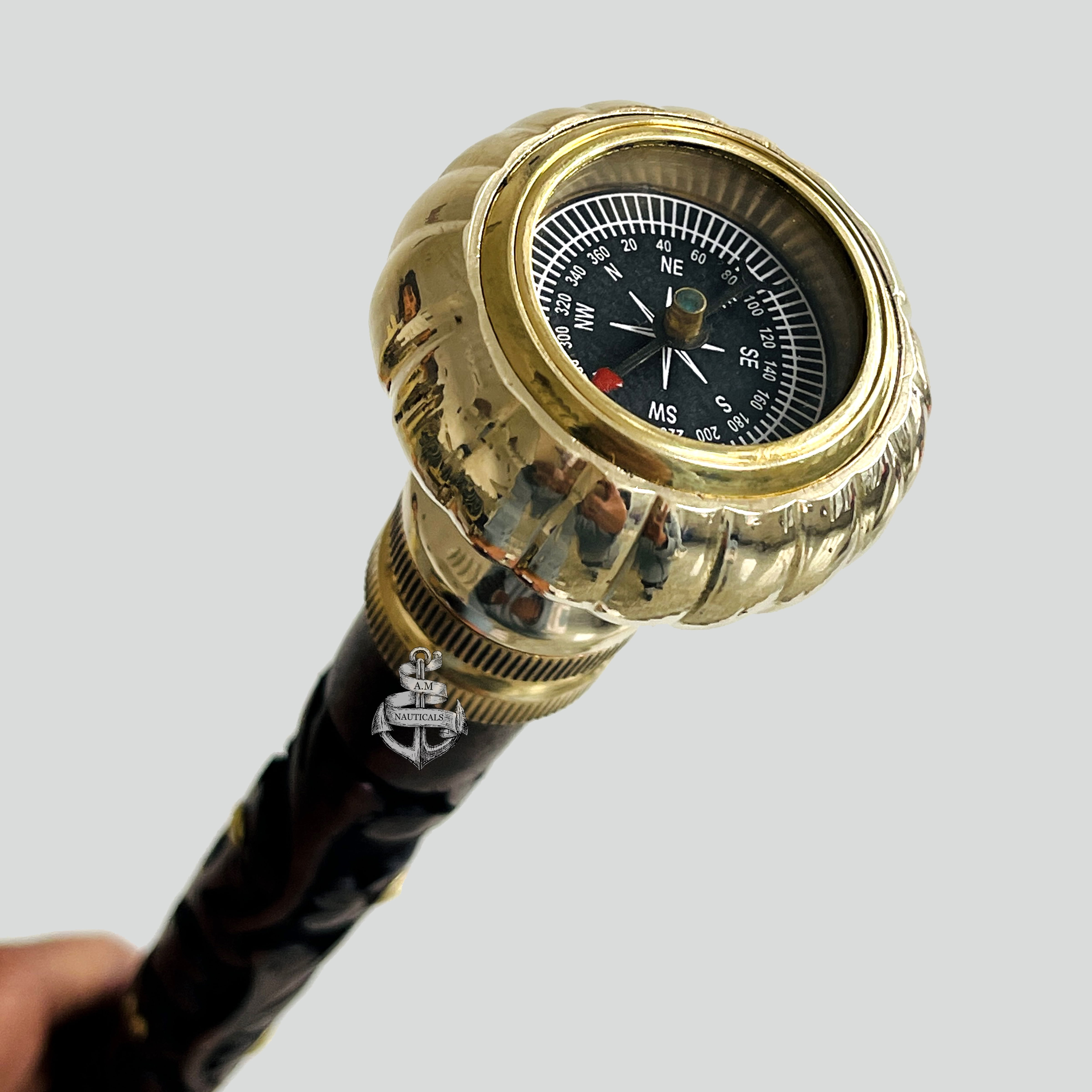 AM NAUTICALS Walking Stick Solid Brass Knob Compass Head Handle Wooden ...