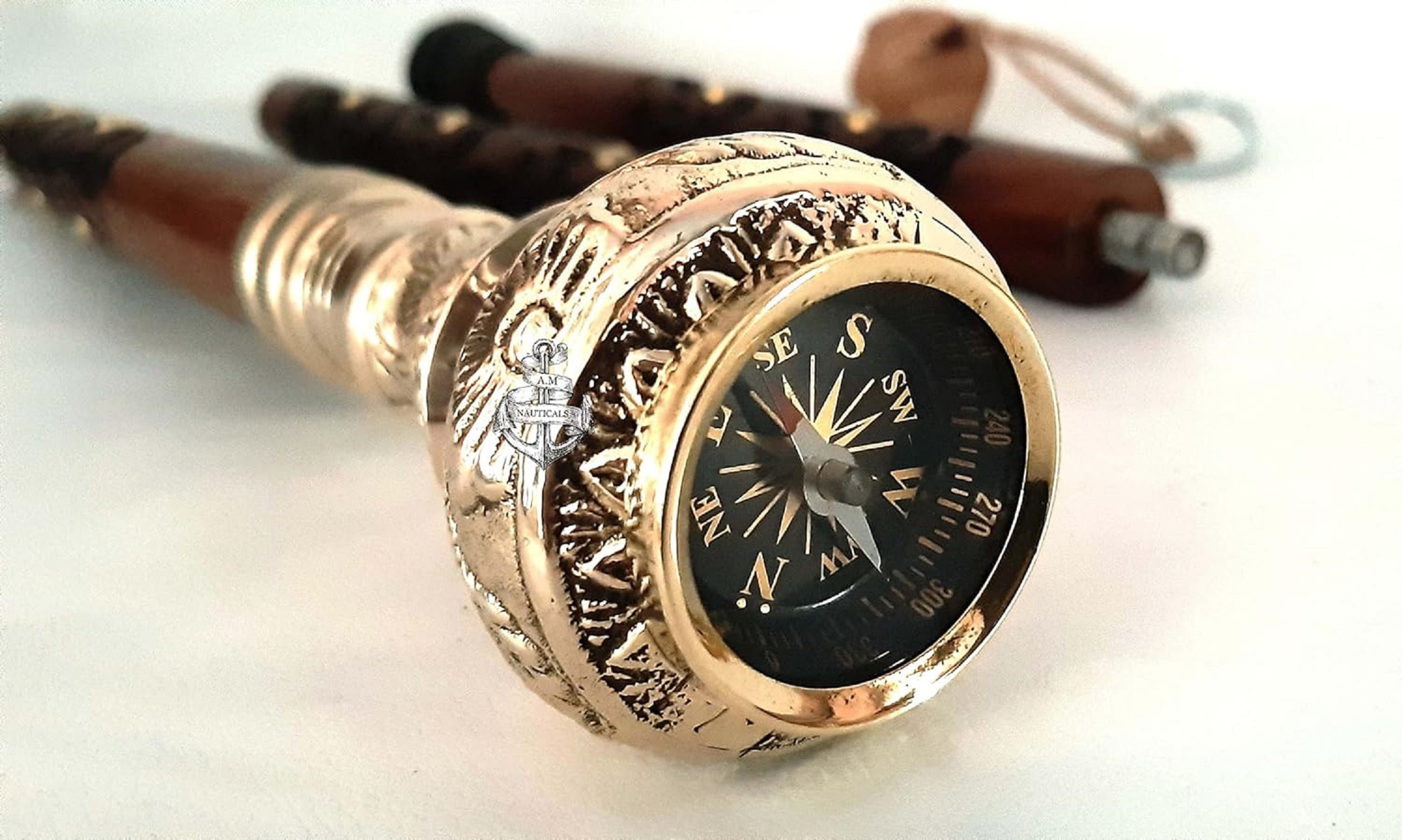 AM NAUTICALS Walking Stick Solid Brass Knob Compass Head Handle Wooden ...