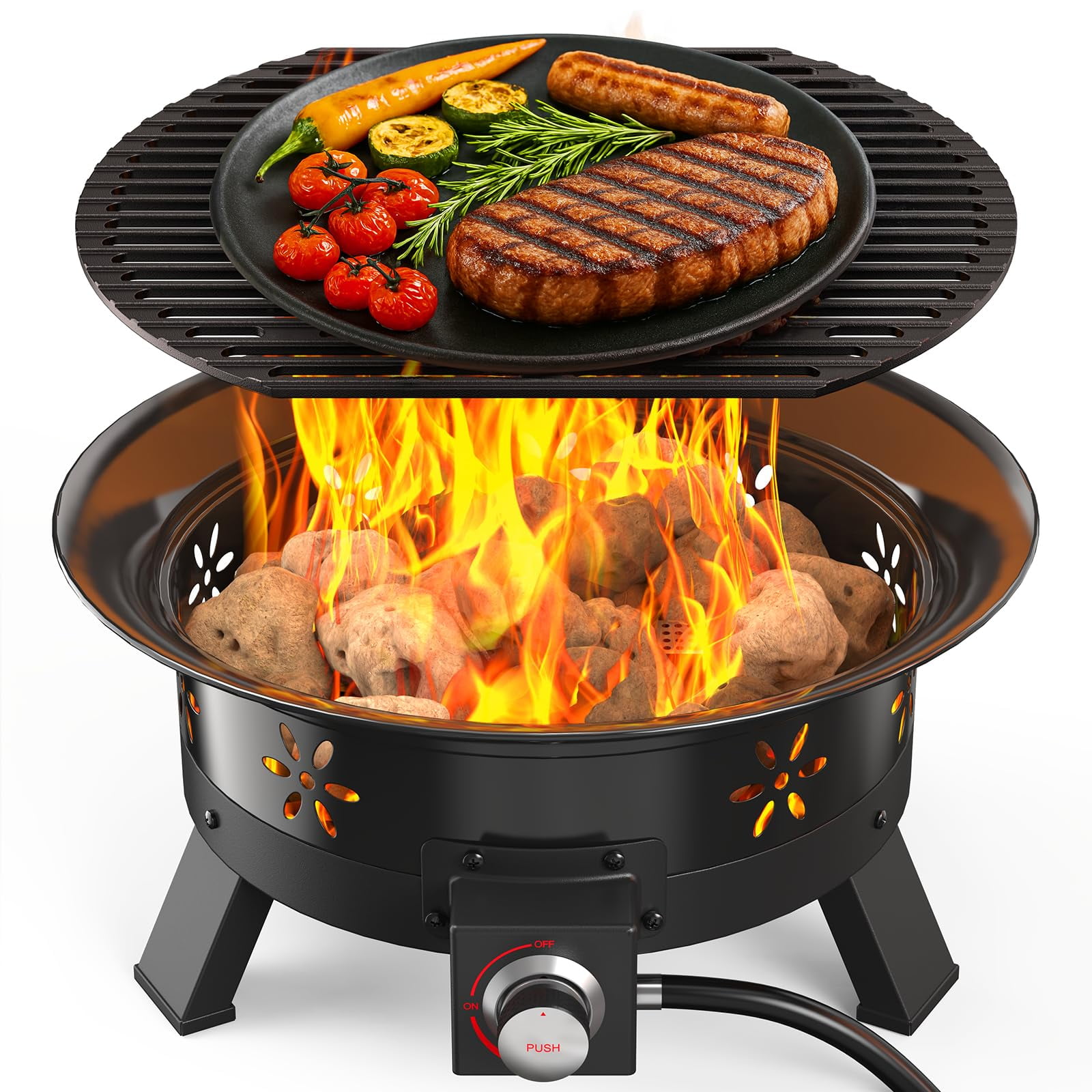AMADA HOMEFURNISHING 19″ Propane Fire Pit with Grill Grate, 58,000 BTU ...