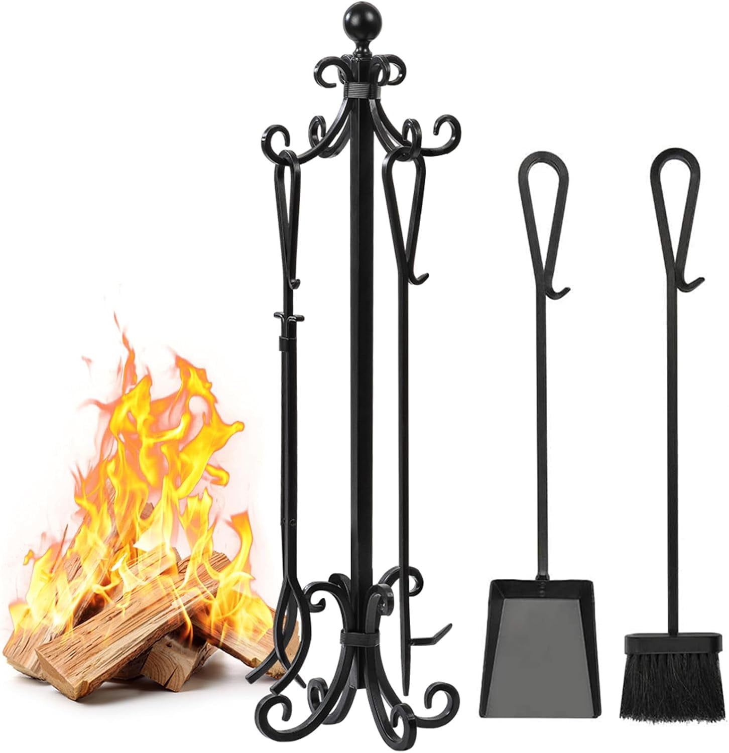 AMAGABELI GARDEN & HOME 5 Pieces Fireplace Tools Set Black Cast Wrought ...
