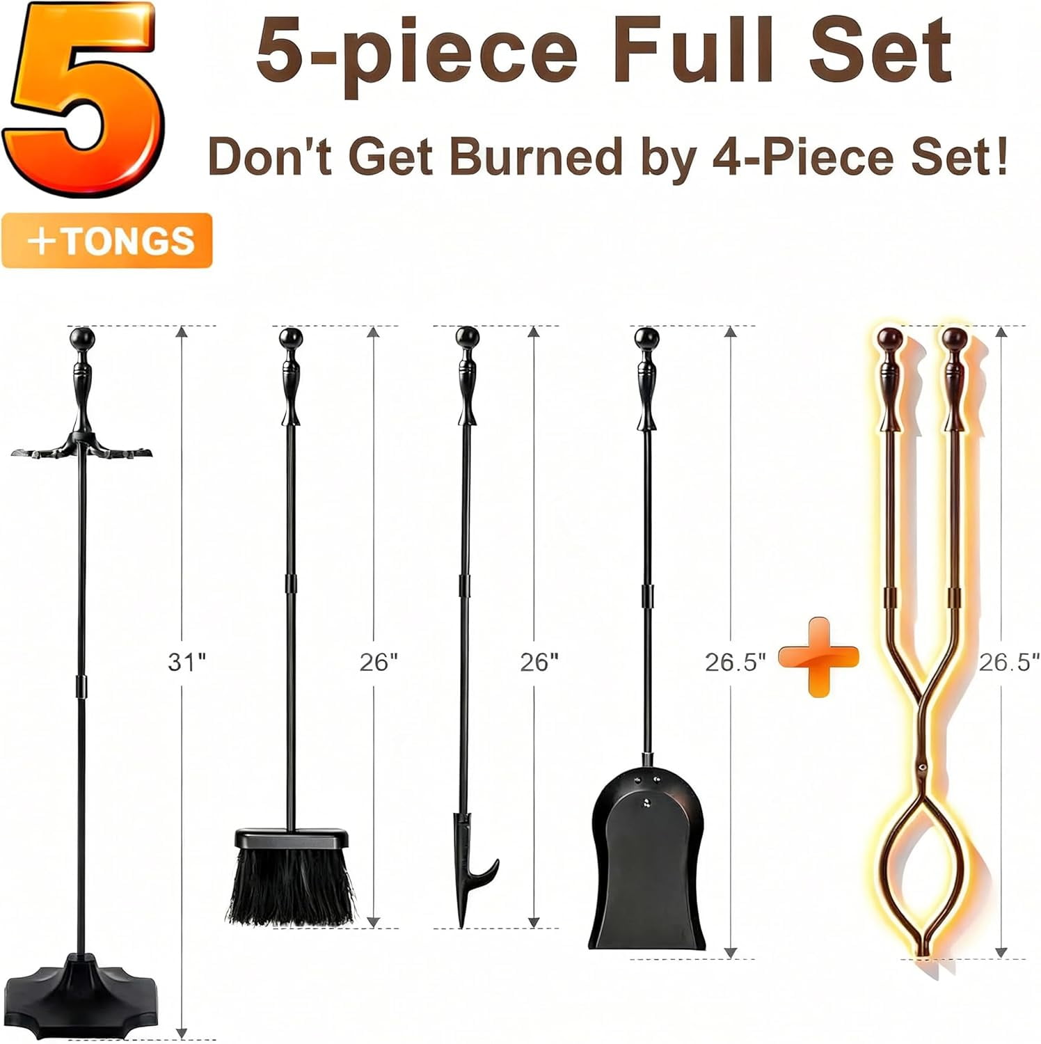AMAGABELI Garden & Home 5 Pcs Fireplace Tools Set 31 Inch Indoor Black ...