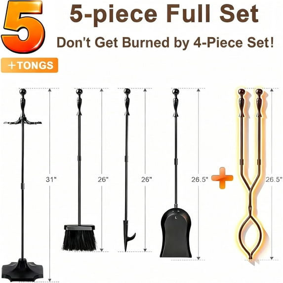 AMAGABELI Garden & Home 5 Pcs Fireplace Tools Set 31 Inch Indoor Black ...