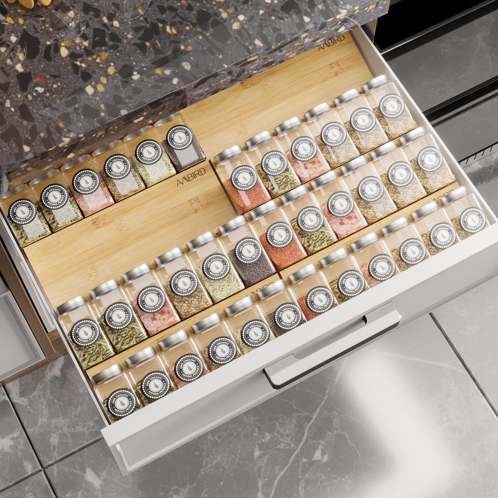 AMBIRD BAMBOO SPICE DRAWER ORGANIZER WITH NON-SLIP MAT,4 TIER, 2 SET ...