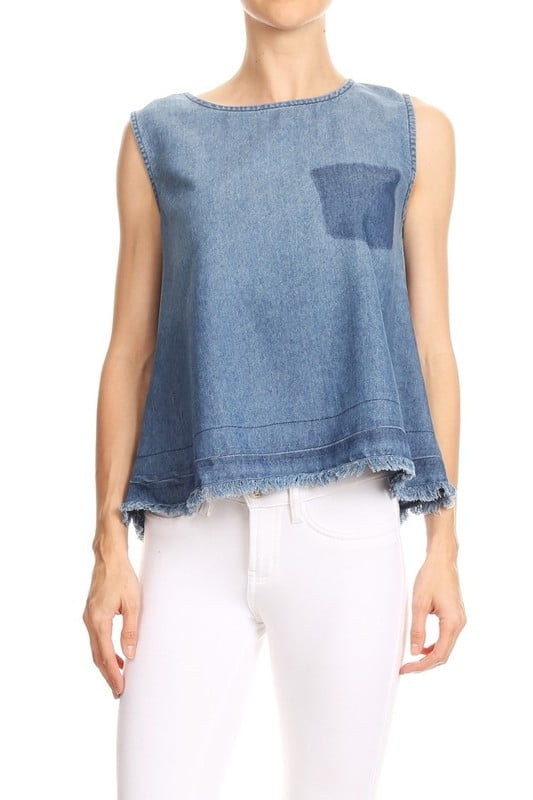 AMBITION Sleevless Denim Top with Frayed Hem and Split Back - Walmart.com