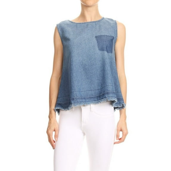 AMBITION Sleevless Denim Top with Frayed Hem and Split Back - Walmart.com