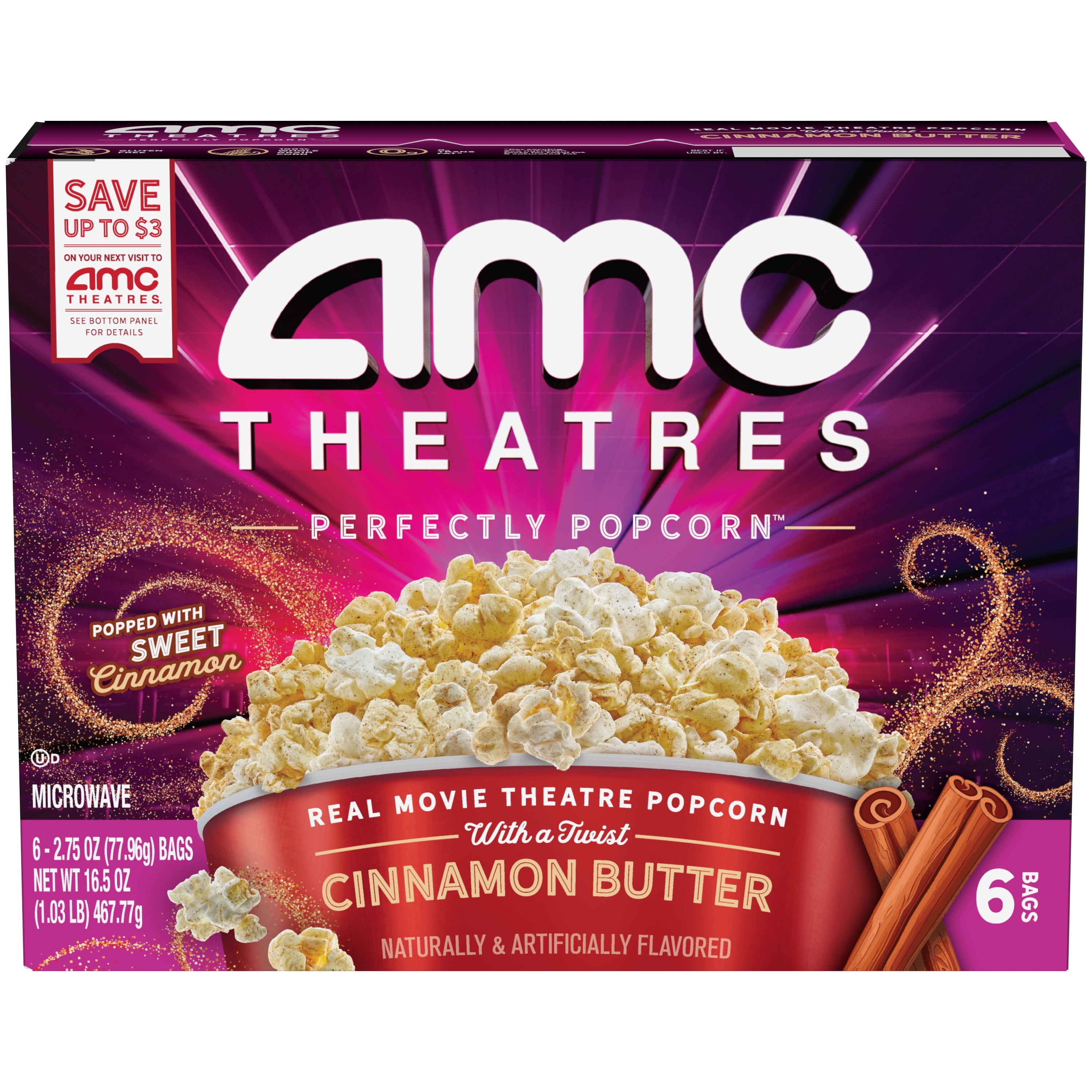 AMC Theatres Microwave Popcorn 6ct, Cinnamon Butter, contains allergens ...