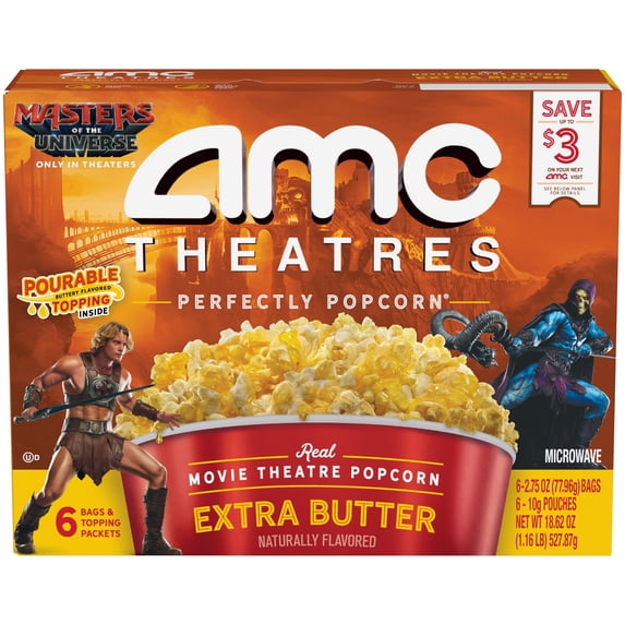 AMC Theatres Microwave Popcorn Extra Butter 6 Pack with Topping Packets ...