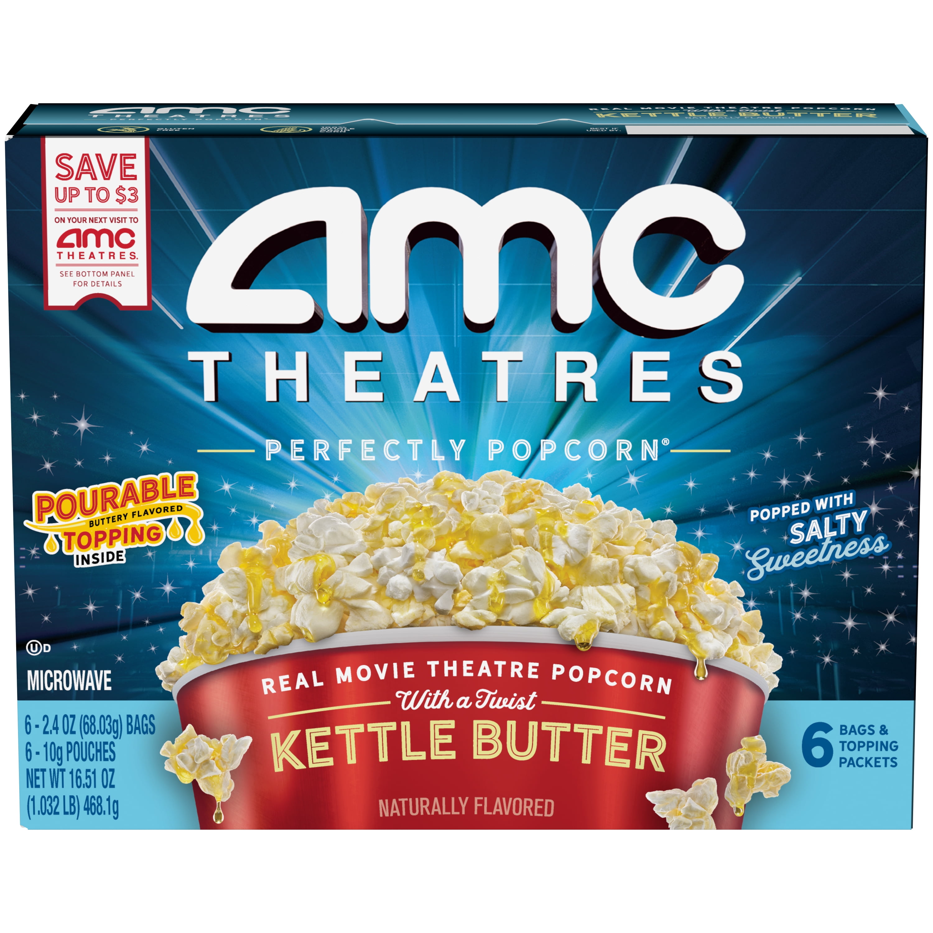 AMC Theatres Microwave Popcorn 6 count, Kettle Butter - Walmart.com