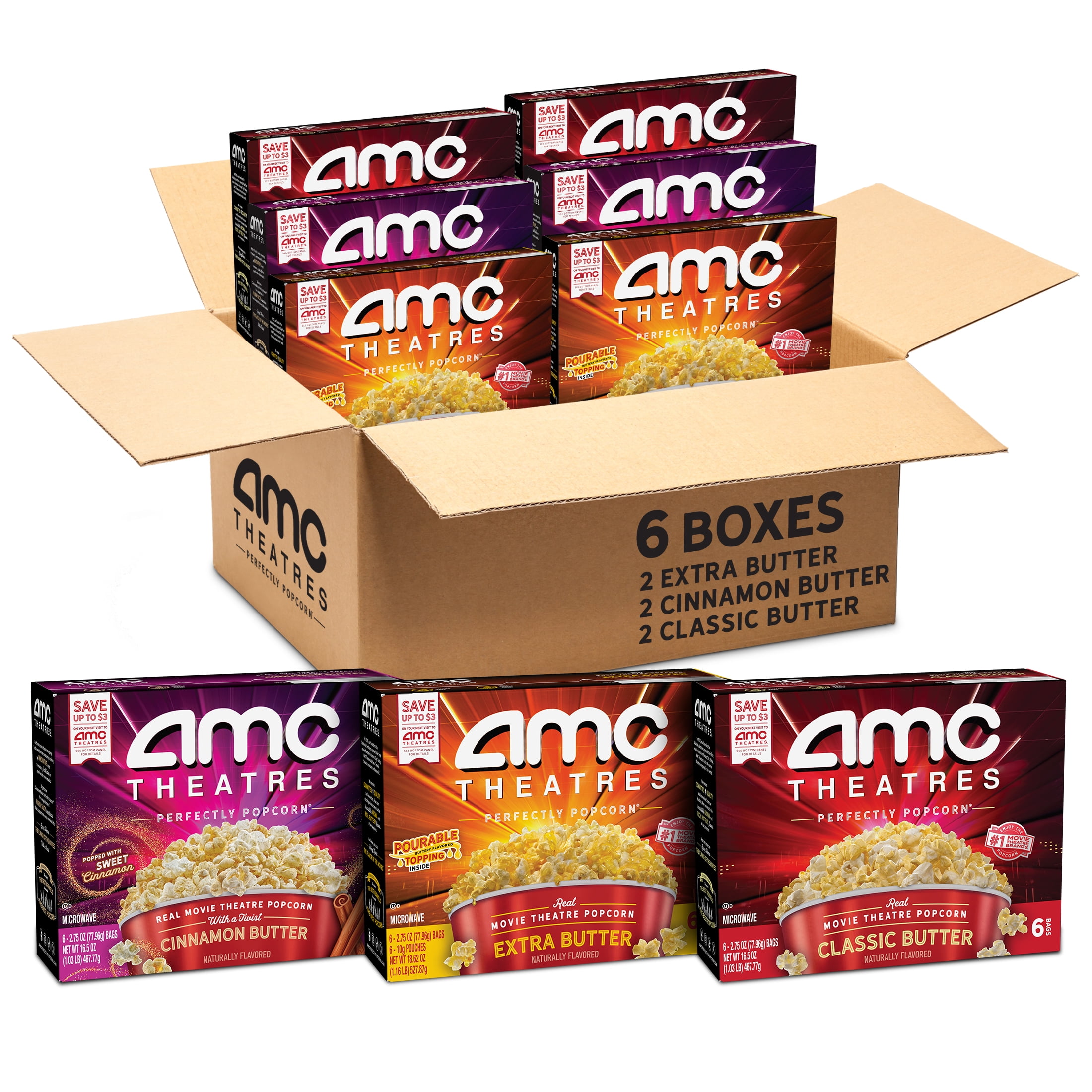 AMC Theatres Microwave Popcorn, Variety Pack, 36-Count, Butter, Extra ...
