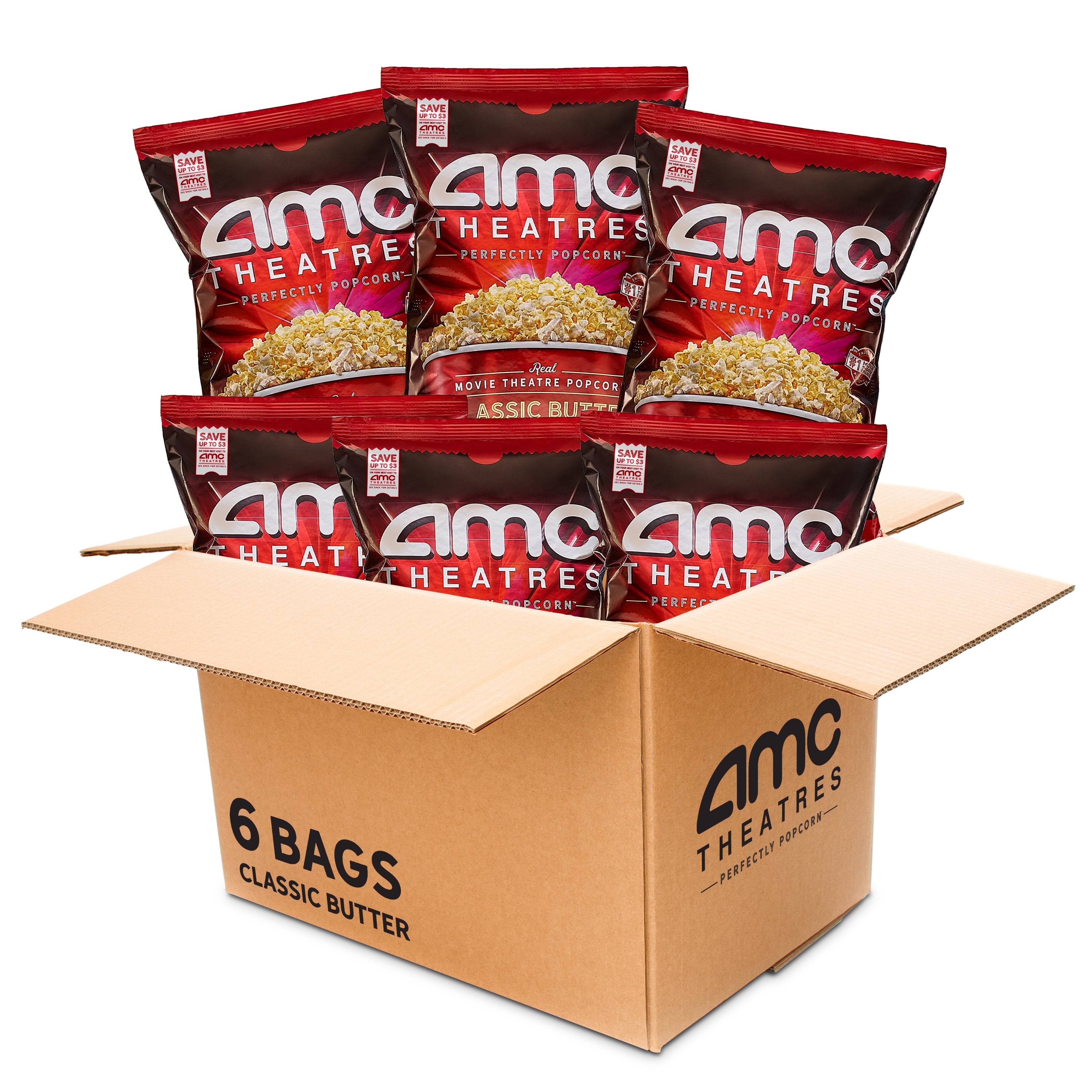 AMC Theatres Popcorn, Classic Butter, 4.2 oz Bags, Ready to Eat, 6 Pack ...
