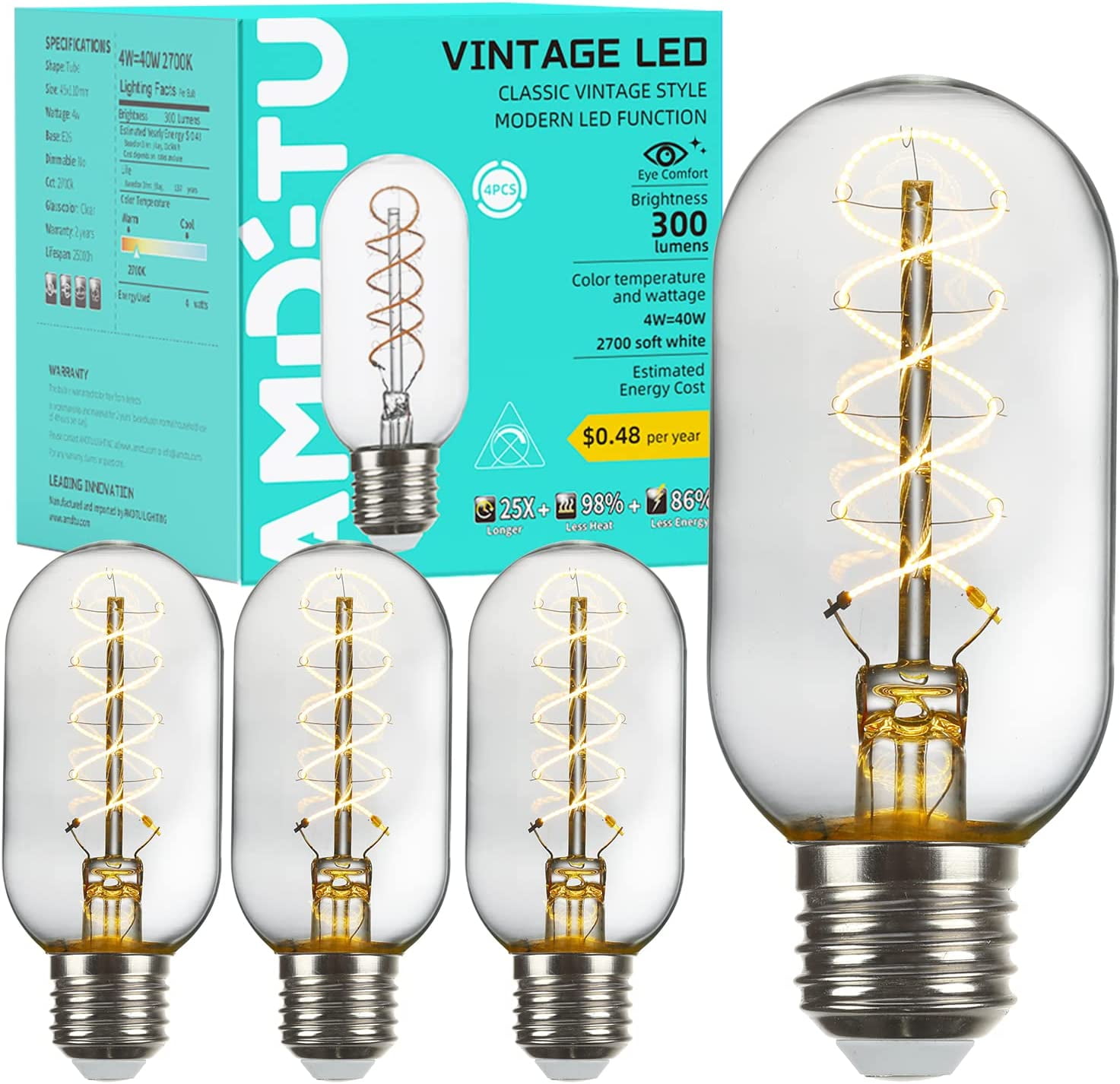 AMDTU Vintage LED Edison Bulb Super Thin Spiral Filament 2700K Soft White, Non-dimmable T45 ...