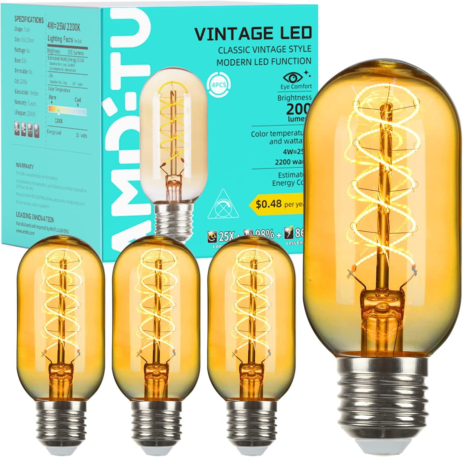 AMDTU Vintage LED Edison T45 Light Bulbs, 4W 25W Replacement, E26 Base, Thin Spiral Non-Dimmable ...