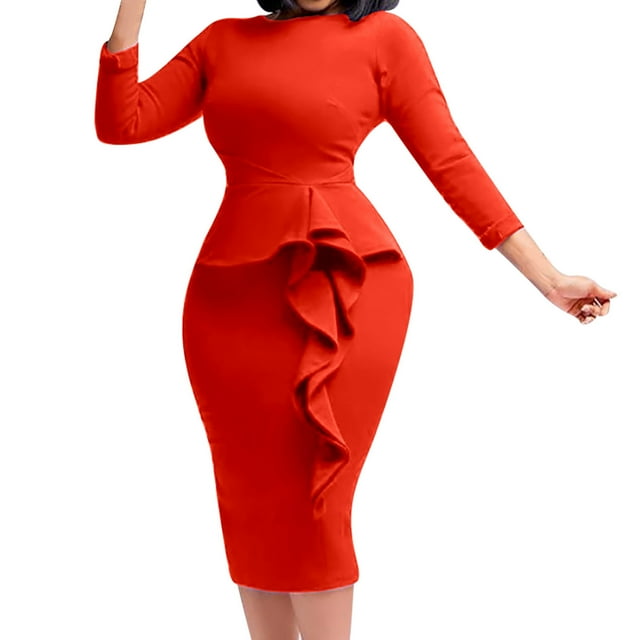 AMDWOV Bodycon Dress Fashion Women Spring Casual Round-Neck Solid Slimming Long Leeve Dress ...