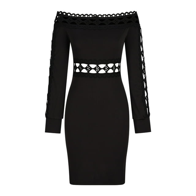 Amdwov Dress For Women Solid Long Sleeve Lace Splicing Off Shoulder