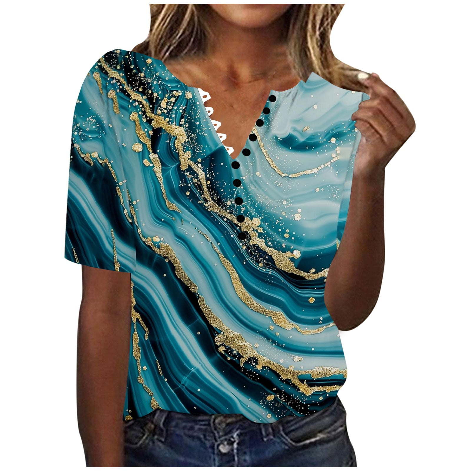 AMDWOV Plus Size Tops Fashion Women Summer Print V-Neck T-Shirt Short ...