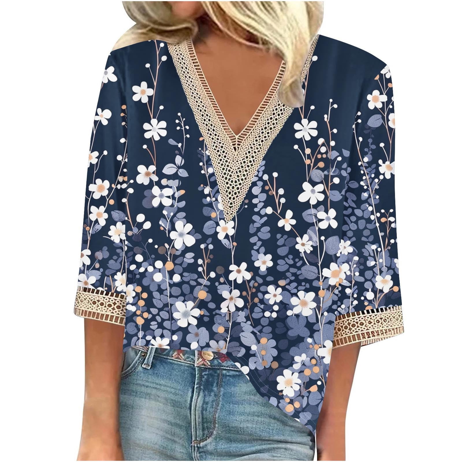 AMDWOV Women's Pullover Tops Fashion Women's Summer V-Neck 3/4 Sleeve ...