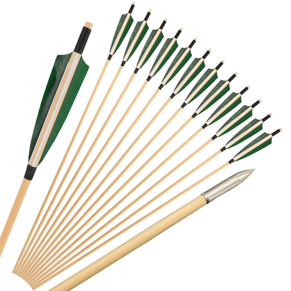 AME 32 inch Archery Wooden Arrows Natural Feather Handmade Traditional Bow Longbow Hunt （12pcs ...