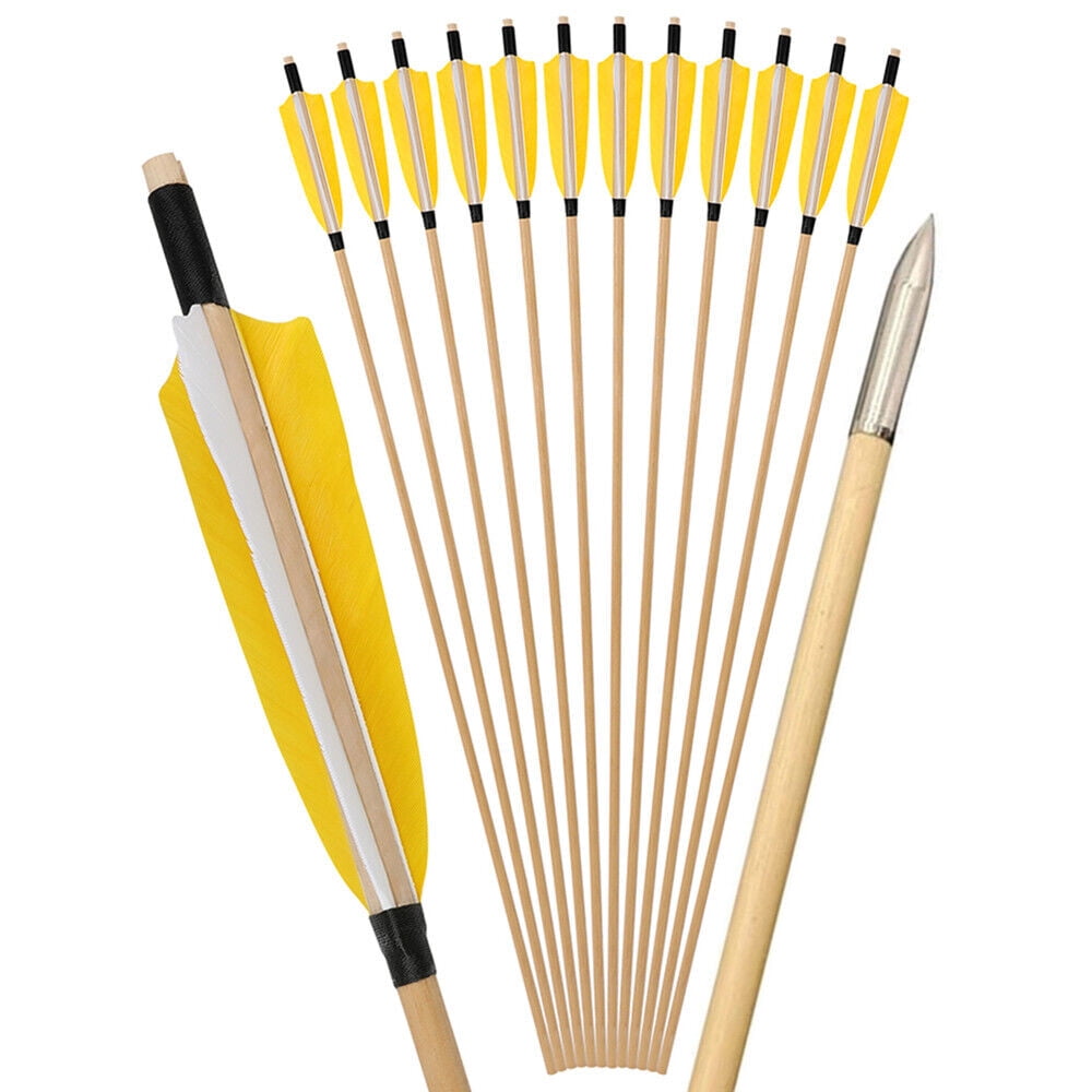 AME 32 inch Archery Wooden Arrows Natural Feather Handmade Traditional Bow Longbow Hunt （12pcs ...
