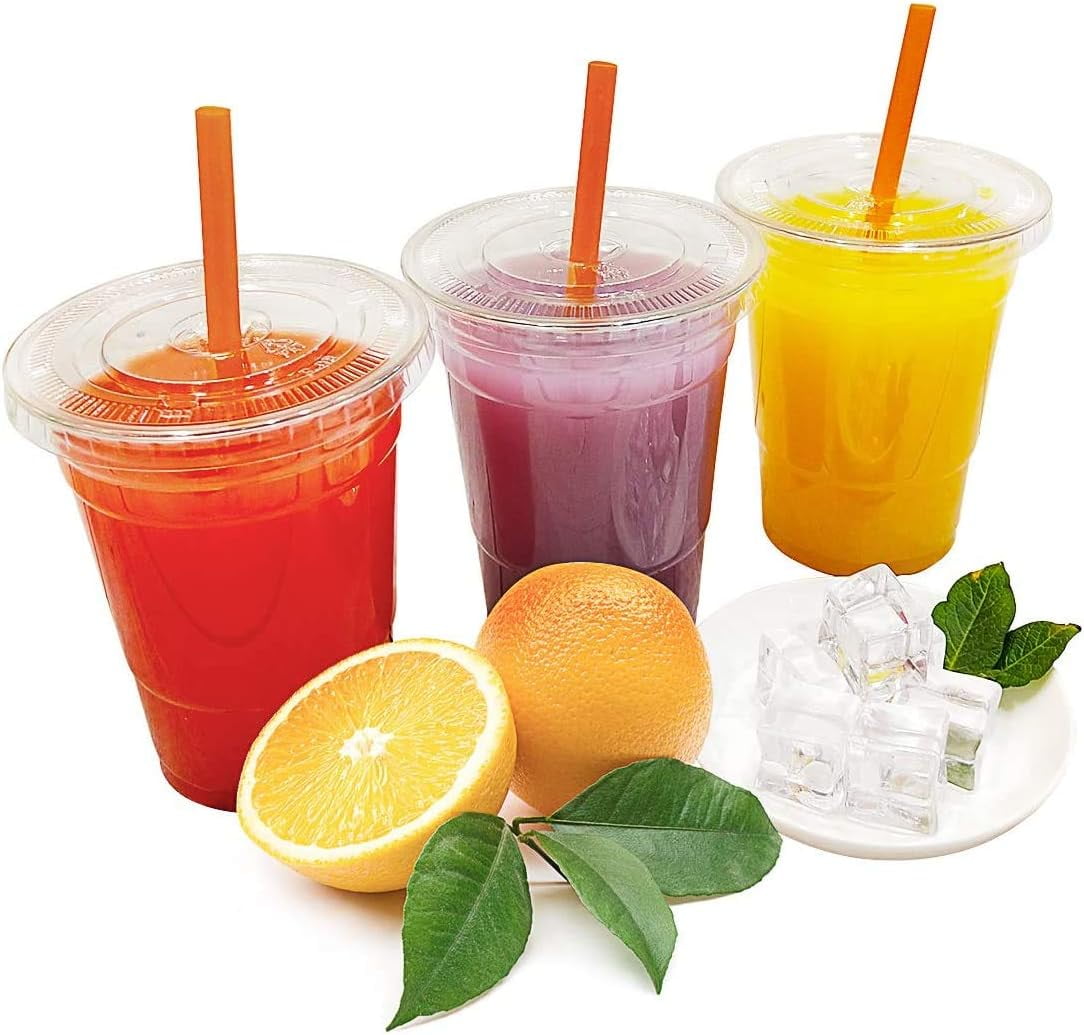 AME D'ESSENCE Combo 20 oz Disposable Clear Cups with Flat Lids Bonus Straws Drinking Plastic ...