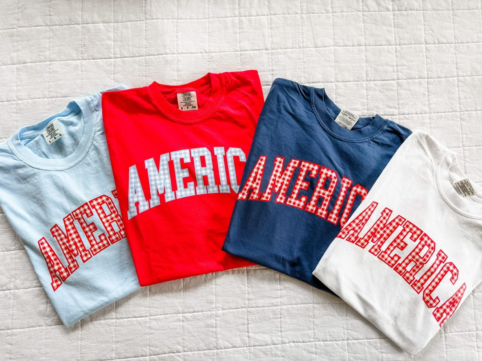 AMERICA Gingham Tee Red White & Blue Patriotic Shirt Little Mama Shirt ...