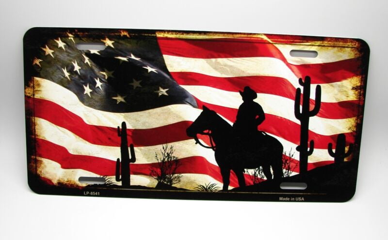 AMERICAN FLAG COWBOY METAL CAR NOVELTY LICENSE PLATE AUTO TAG ...