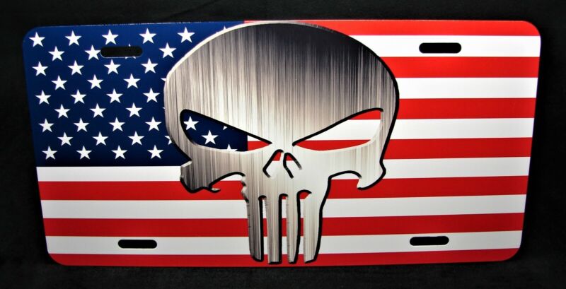 AMERICAN FLAG SKULL METAL CAR LICENSE PLATE, SKULL CAR LICENSE PLATE ...