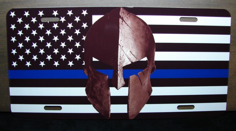 AMERICAN FLAG SPARTAN HELMET THIN BLUE LINE METAL CAR NOVELTY LICENSE ...