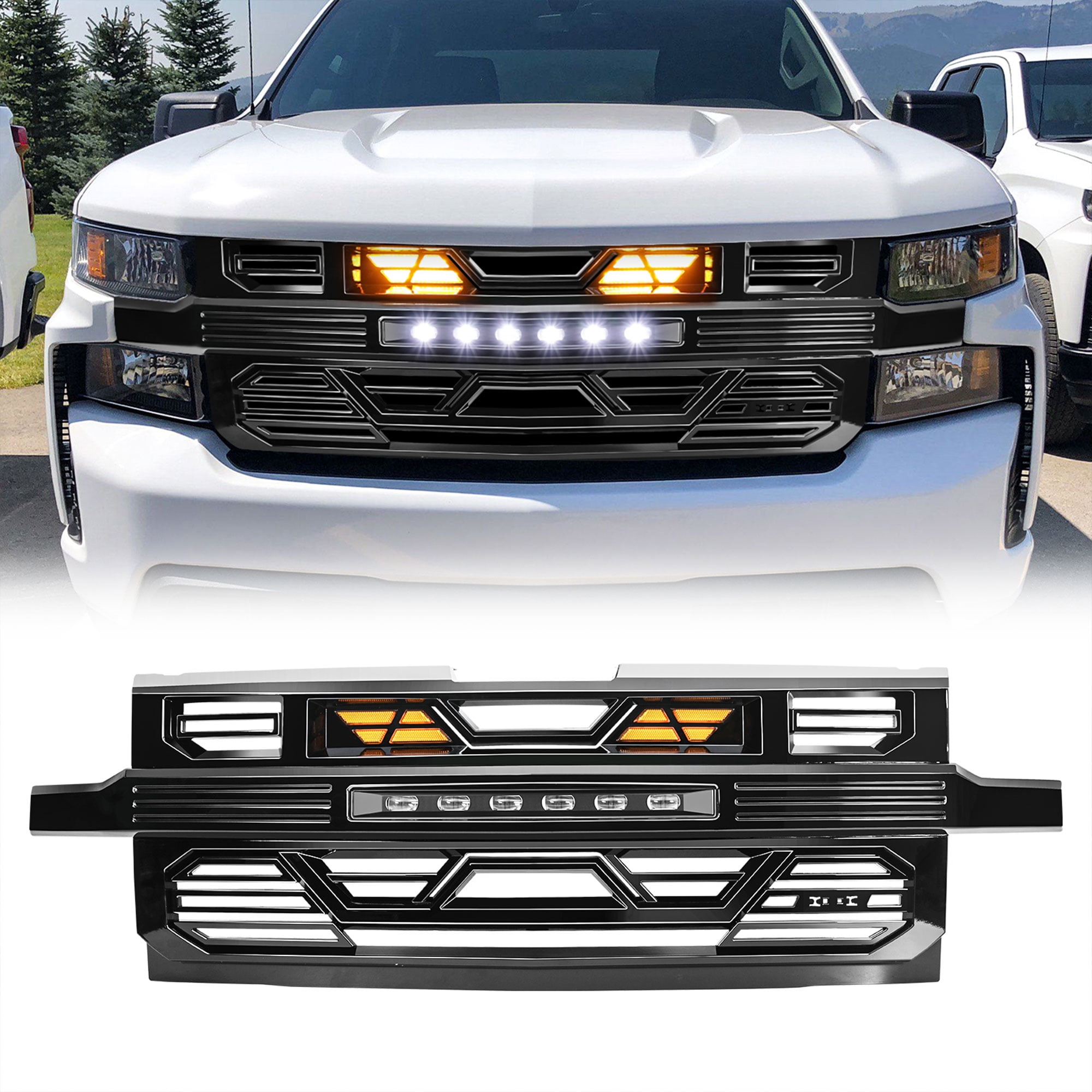 AMERICAN MODIFIED Grille w/LED for 19-21 Chevy Silverado 1500, Glossy ...