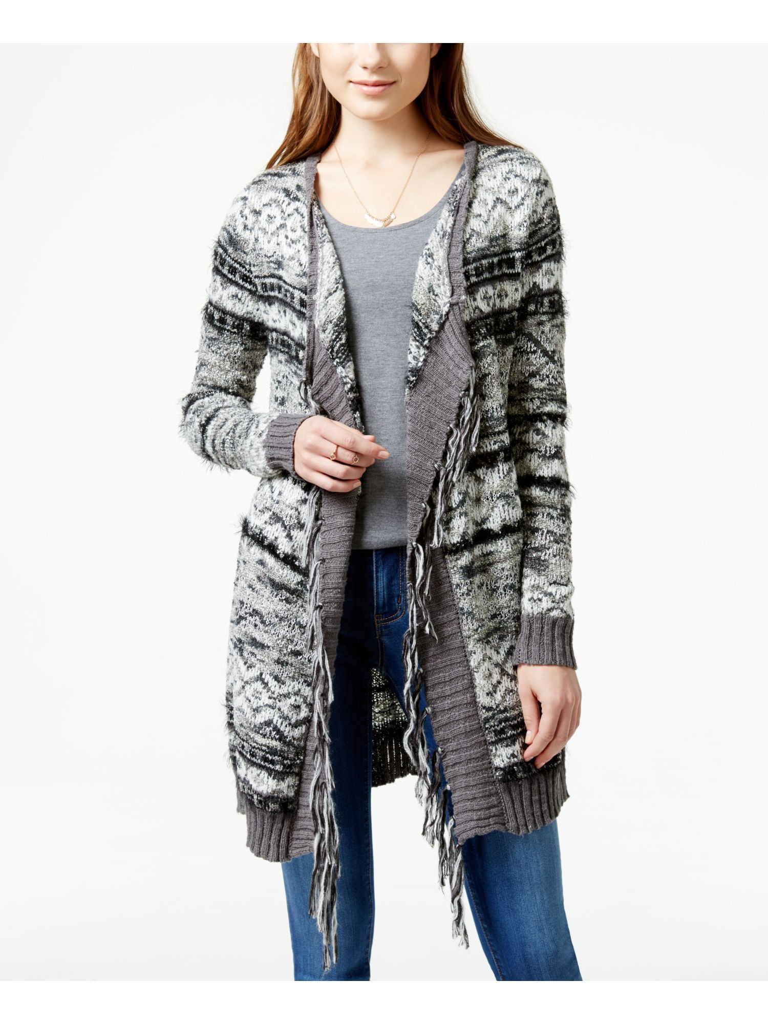 AMERICAN RAG Womens New 1049 Gray Fringed Long Sleeve Sweater L Juniors ...