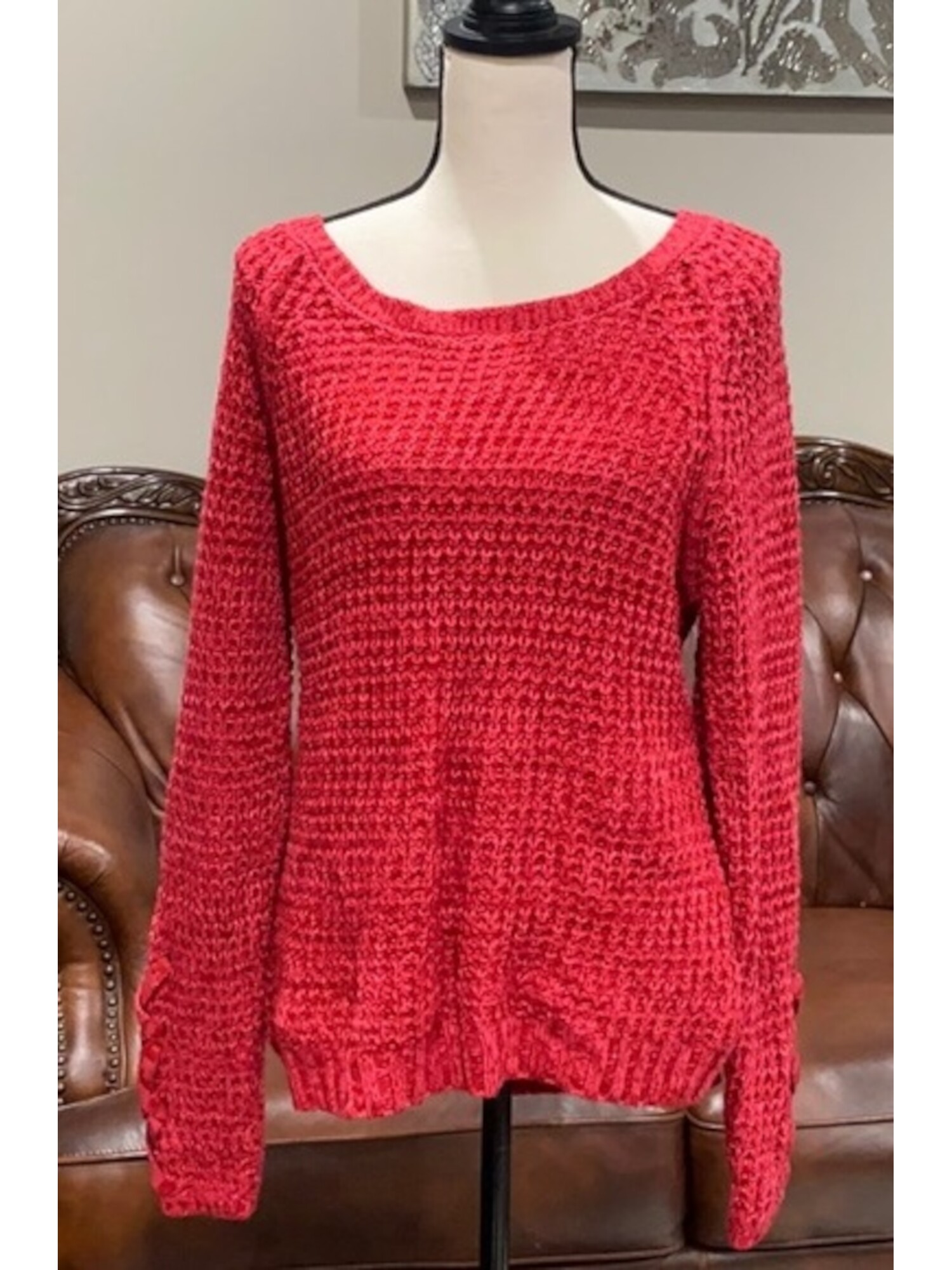 AMERICAN RAG Womens Red Cable Knit Cutout Long Sleeve Sweater S ...
