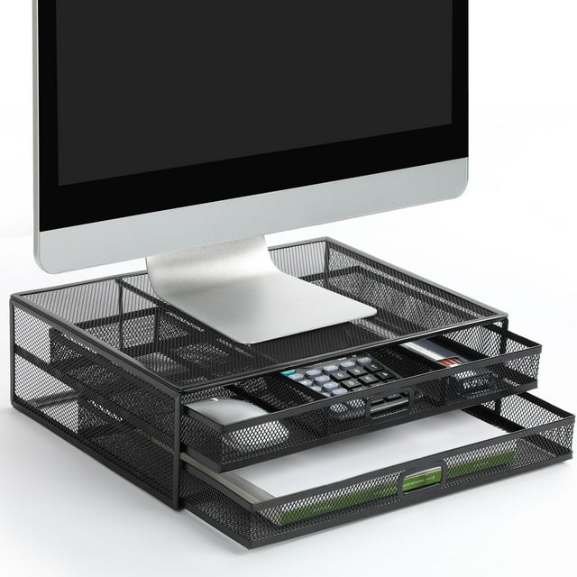 AMERIERGO Monitor Stand with Drawer Mesh Metal Desktop Computer Stand ...