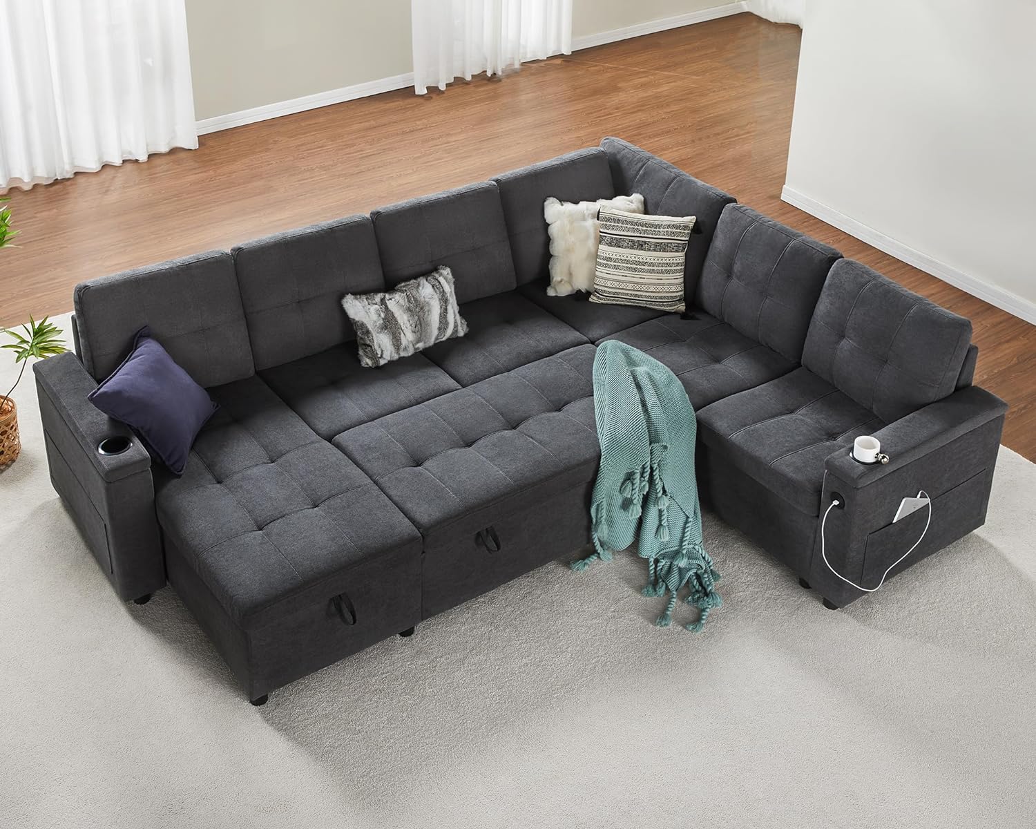 AMERLIFE 110 inch Sleeper Sofa with USB & Cup Holders, U-Shaped Couches for Living Room- Linen ...