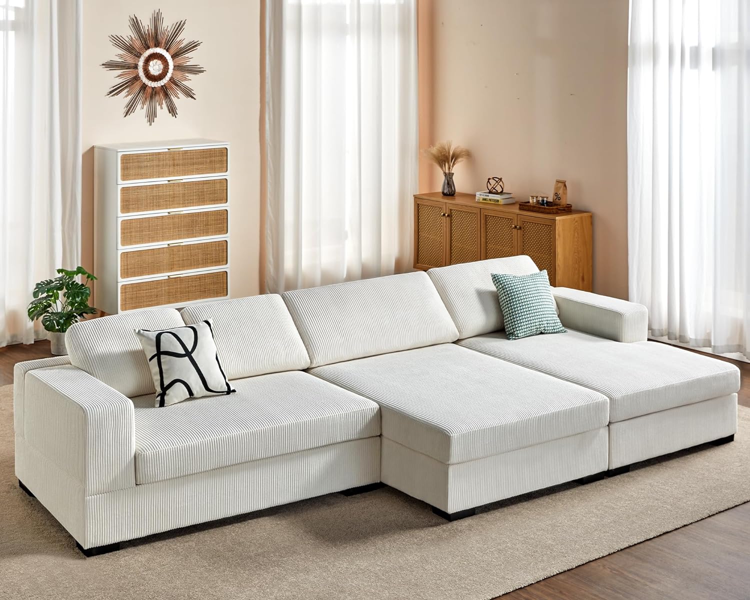 AMERLIFE 145 inch Oversized Sofa, Comfy Couch with Right Chaise for Living Room, White Corduroy ...
